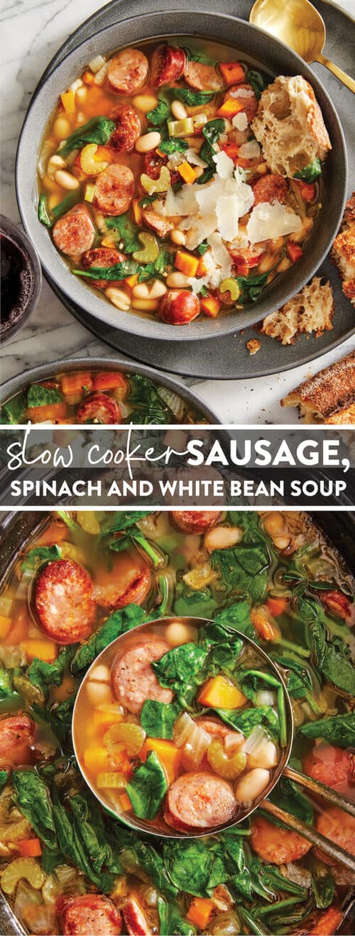 Slow Cooker Sausage Spinach And White Bean Soup Damn Delicious